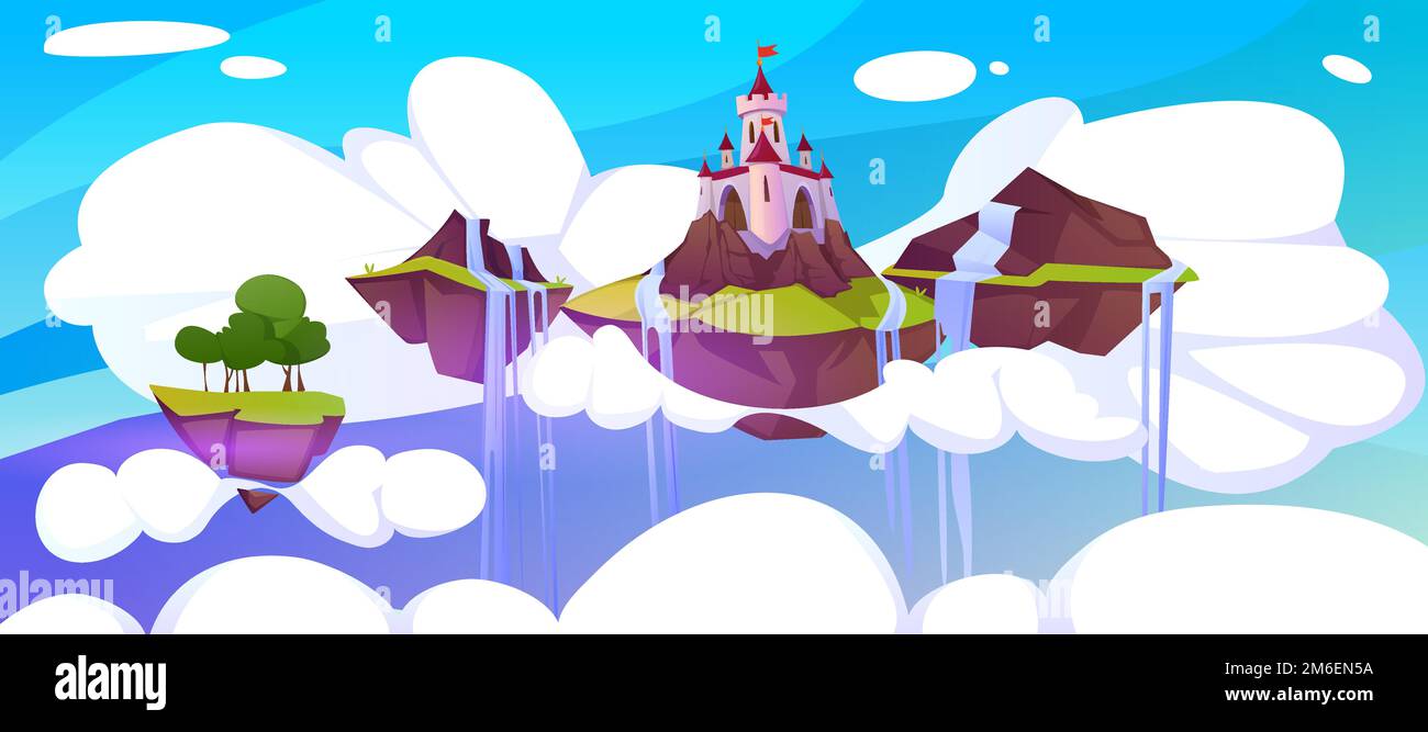 Cartoon magic pink castle and waterfall on floating island. Summer ...