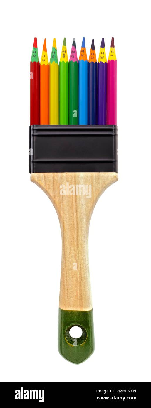 new wooden paint brush with rainbow colored pencils and faces have many ...