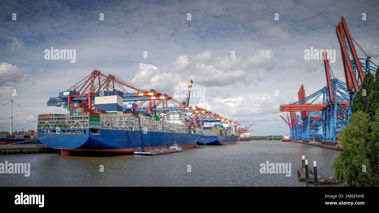 Panorama of a harbour basin with large container bridges and container ...