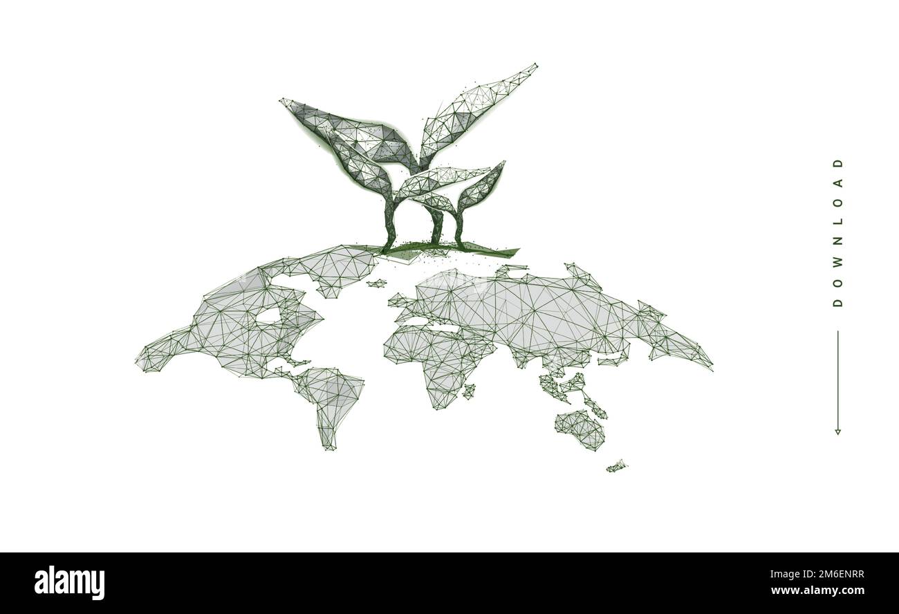 World map with grass sprout . Polygonal wireframe composition. Ecology ...