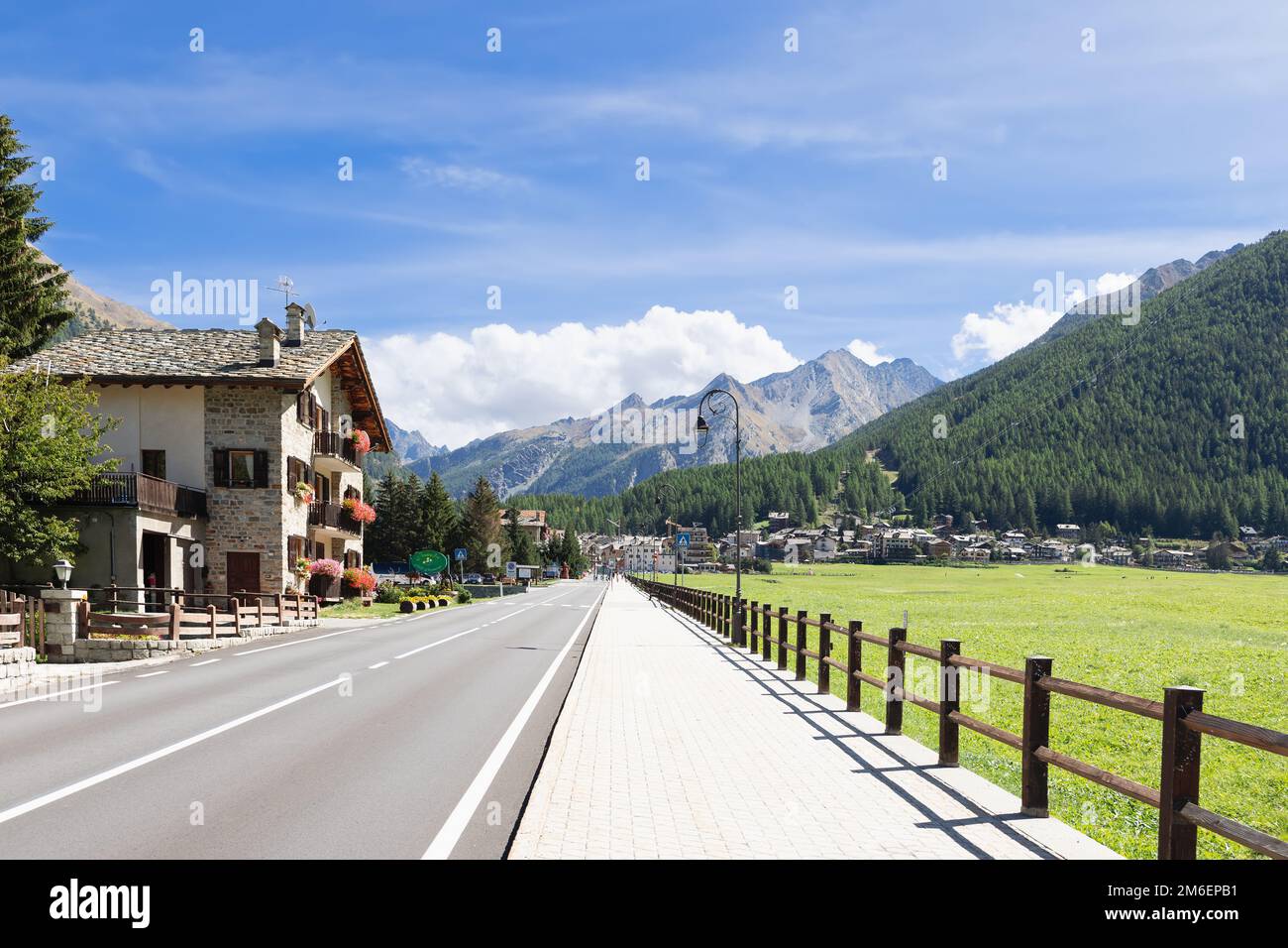 Cogne - Italy. September 08, 2022: Freeway with paved sidewalk ...