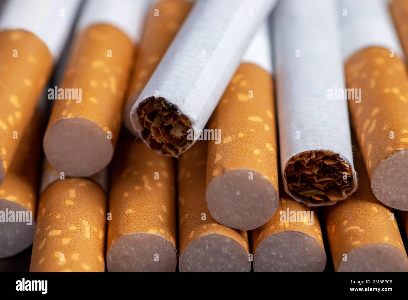 Tobacco in cigarettes with a brown filter close up Stock Photo - Alamy