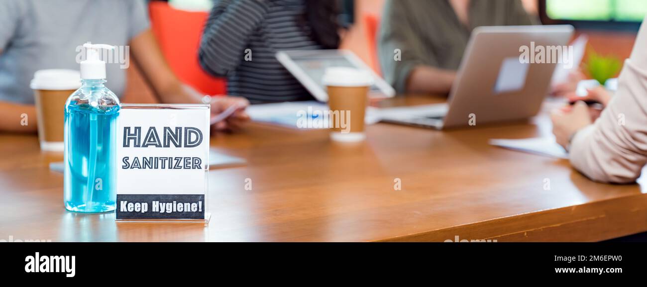 Panoramic Signage of Hand sanitizer alcohol gel in meeting room Stock ...