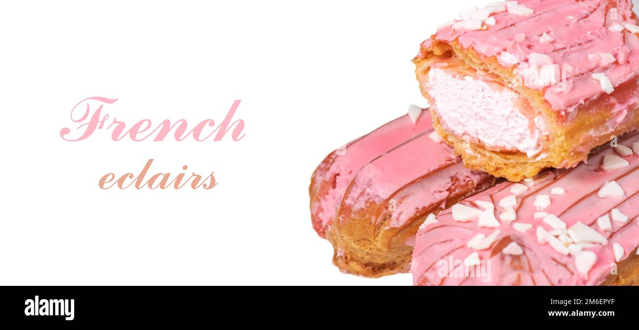 Traditional french eclairs with pink chocolate on white Stock Photo - Alamy