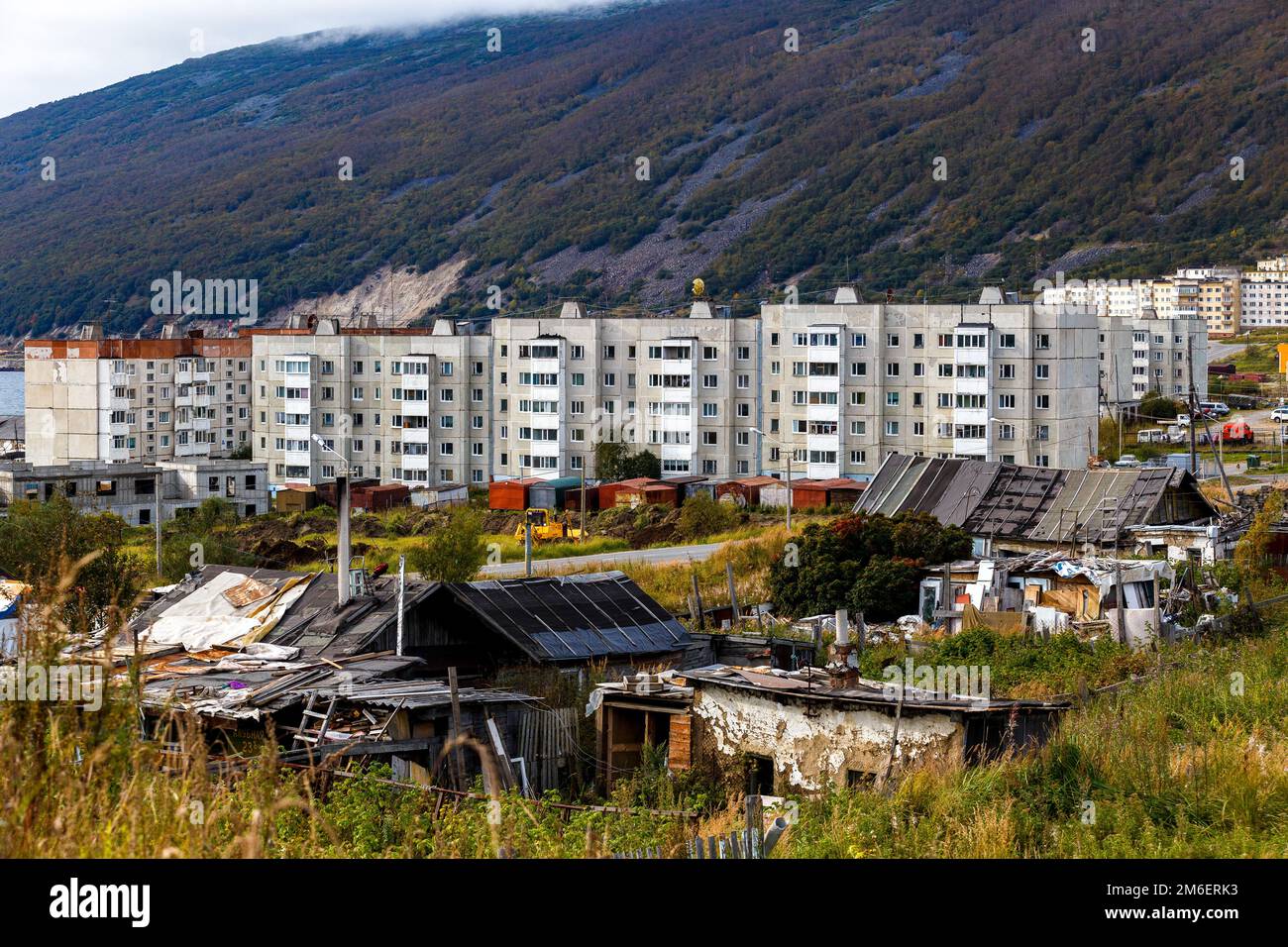 Autumn, 2016 - Magadan, Russia - Old wooden houses in the center of ...