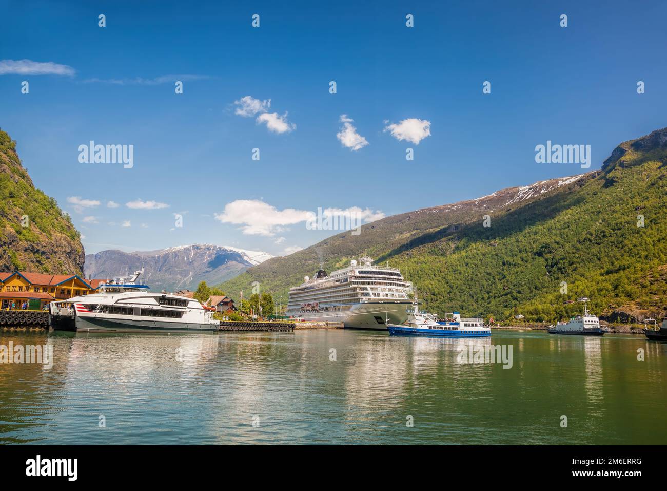 Port of Flam against fjord with cruise ship in Norway Stock Photo - Alamy