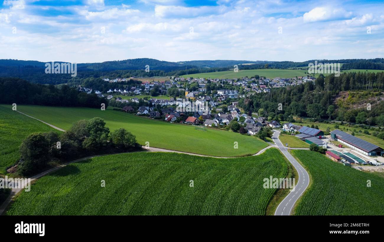 Aerial view of Friesenhagen in the Wildenburg area, RPL, Germany,Europe ...