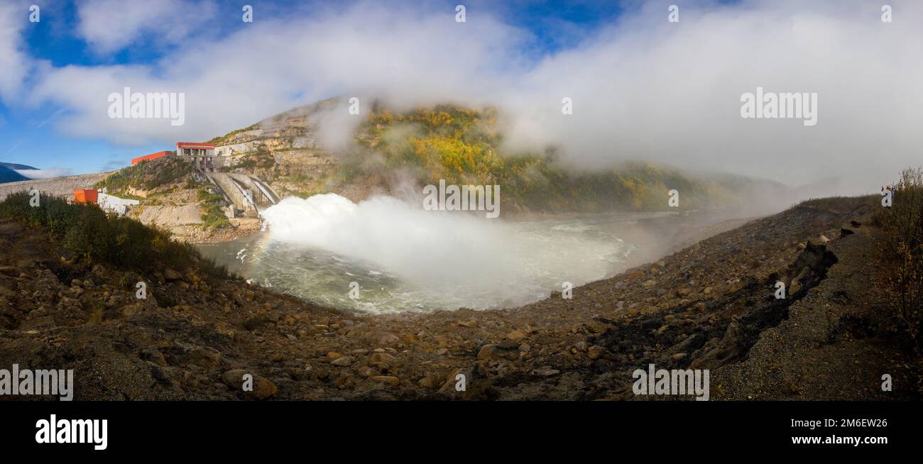 Kolyma hydroelectric power station in Magadan region, Russia. Spillway ...