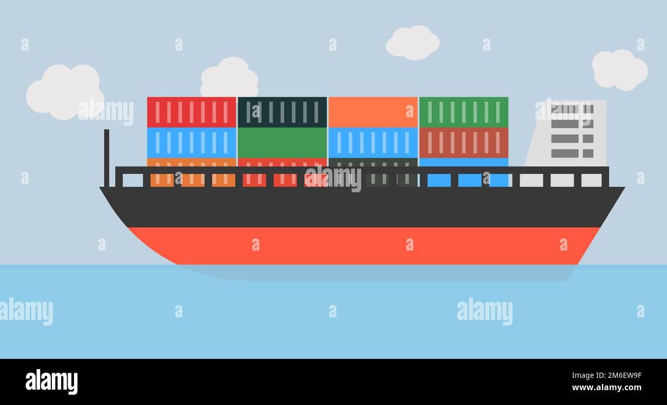 Sea, sky and cargo ship background. Container ship. Editable vector ...