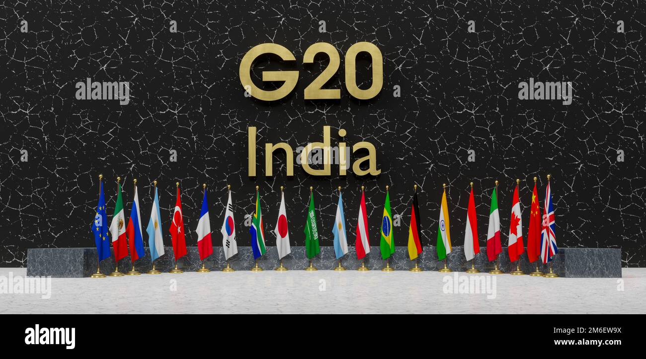 Flags G20 membership , Concept of the G20 summit or meeting , summit India, G20 2023, 3d ...