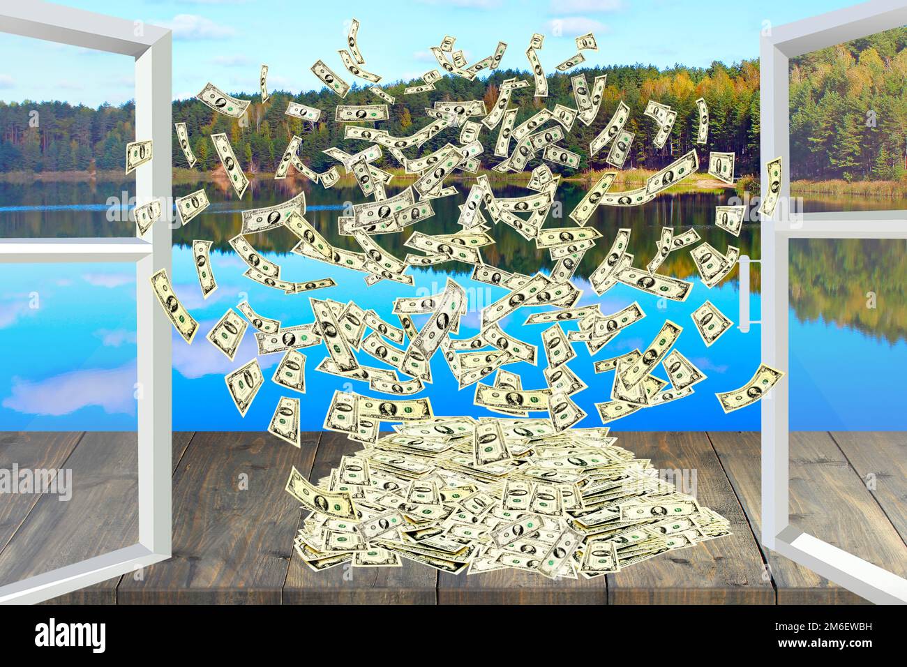 Pile of dollars flying away from window overlooking forest lake. Dollar ...