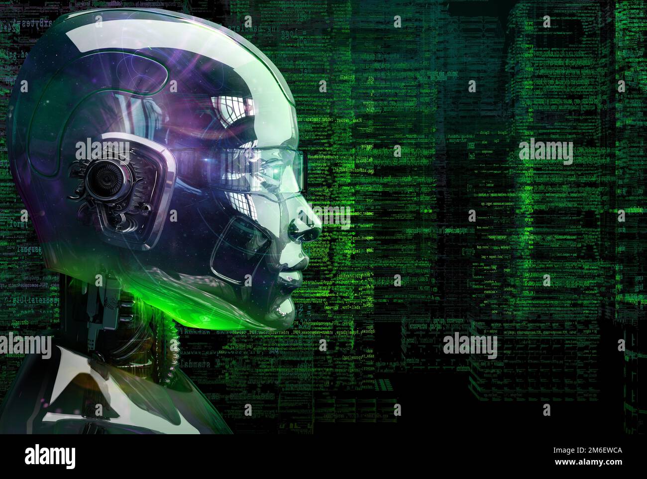 Robot head with interface elements isolated on matrix code tech ...