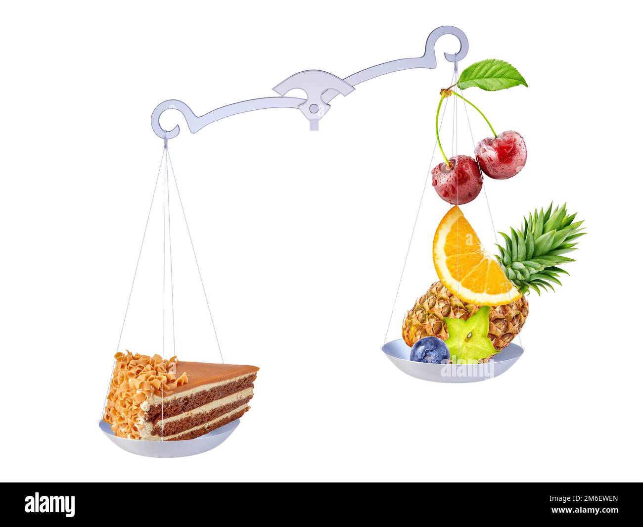A stack of fresh fruits berries and fast food sweet cake on scales ...