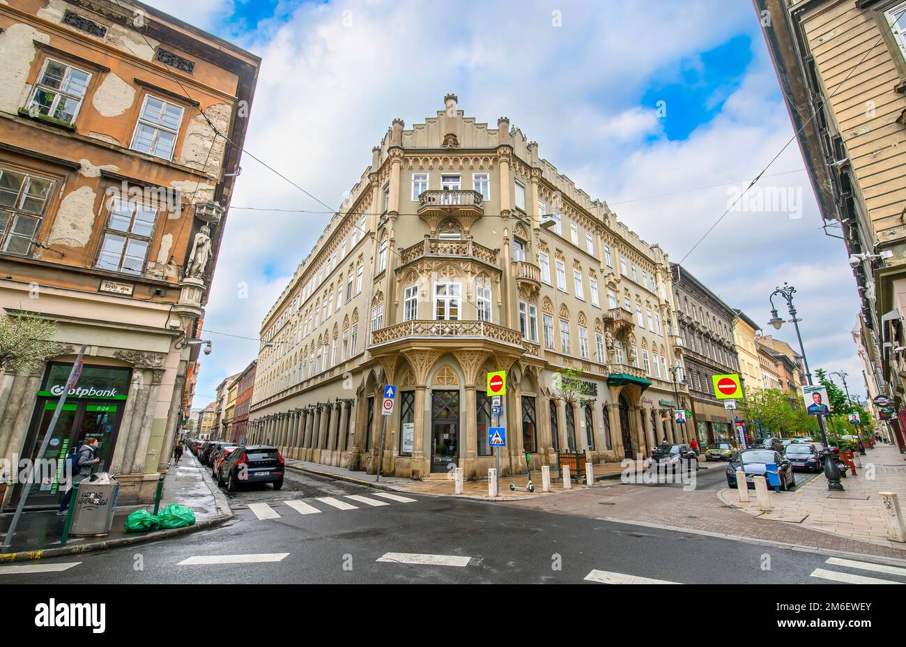 Budapest, Hungary. Front view the facade of beautiful old building with ...