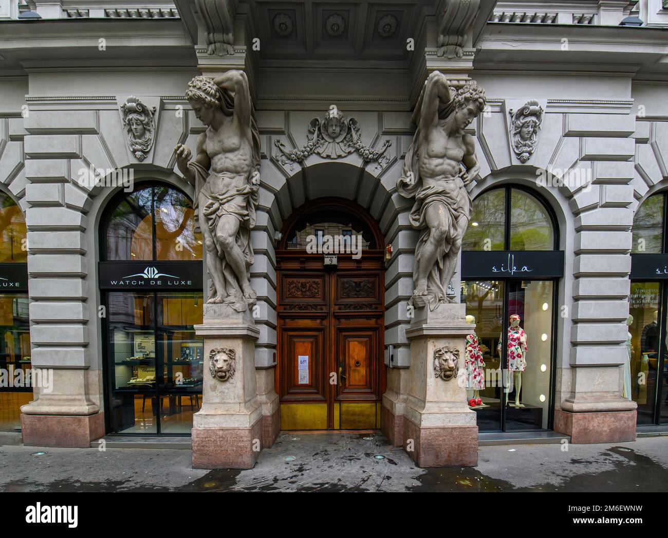 Budapest, Hungary. Front view the facade of beautiful old building with ...