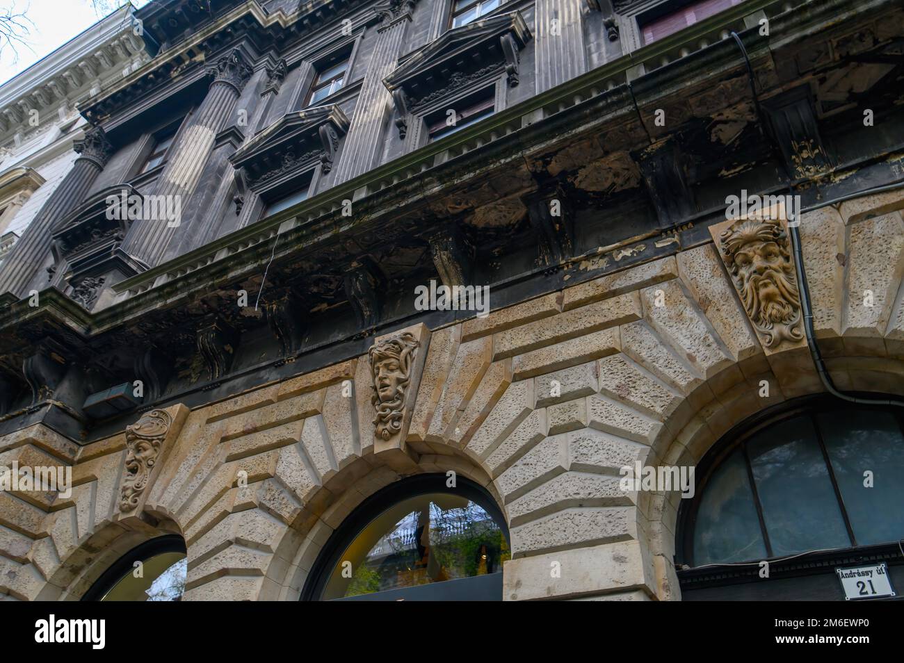Budapest, Hungary. Front view the facade of beautiful old building with ...