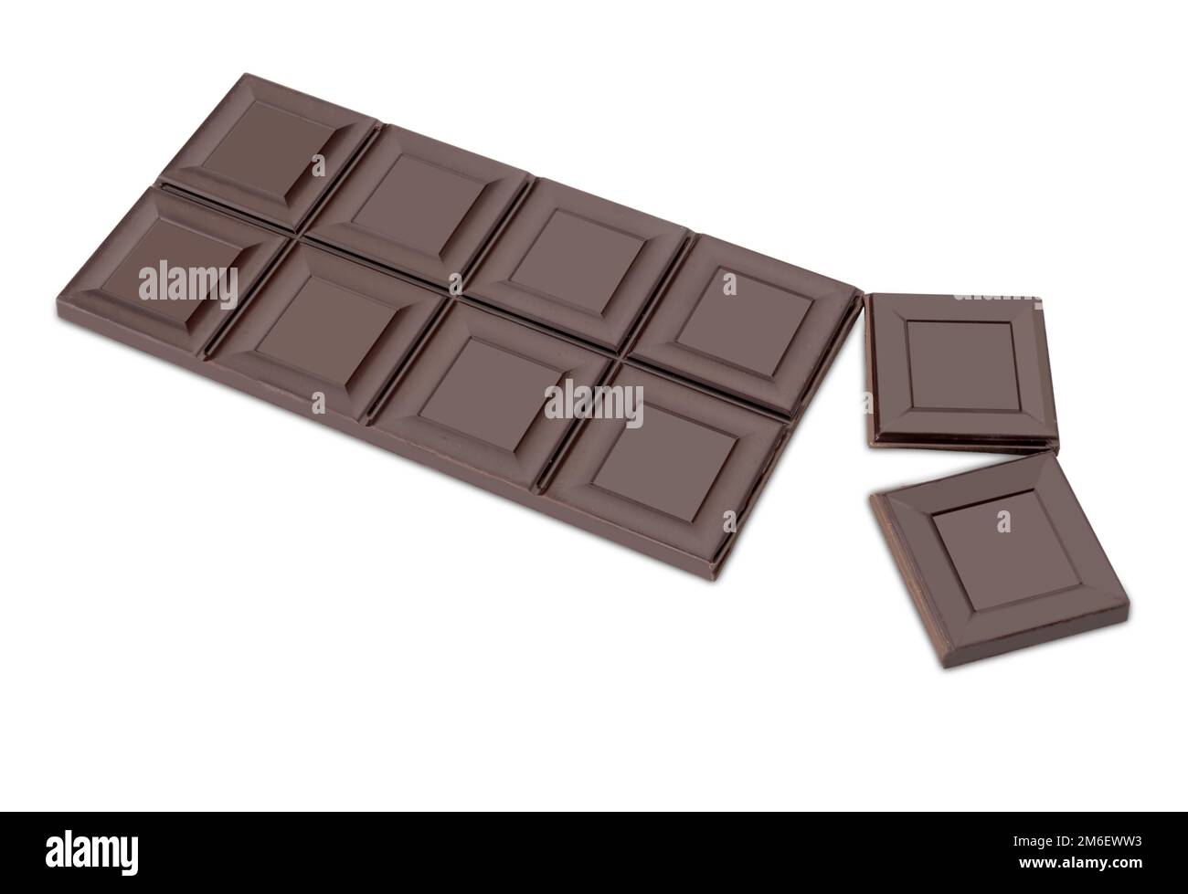 Dark chocolate bar with two broken squares isolated on white with ...