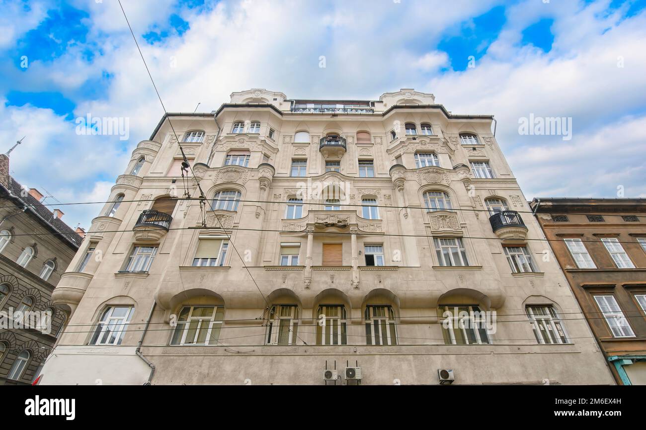 Budapest, Hungary. Front view the facade of beautiful old building with ...