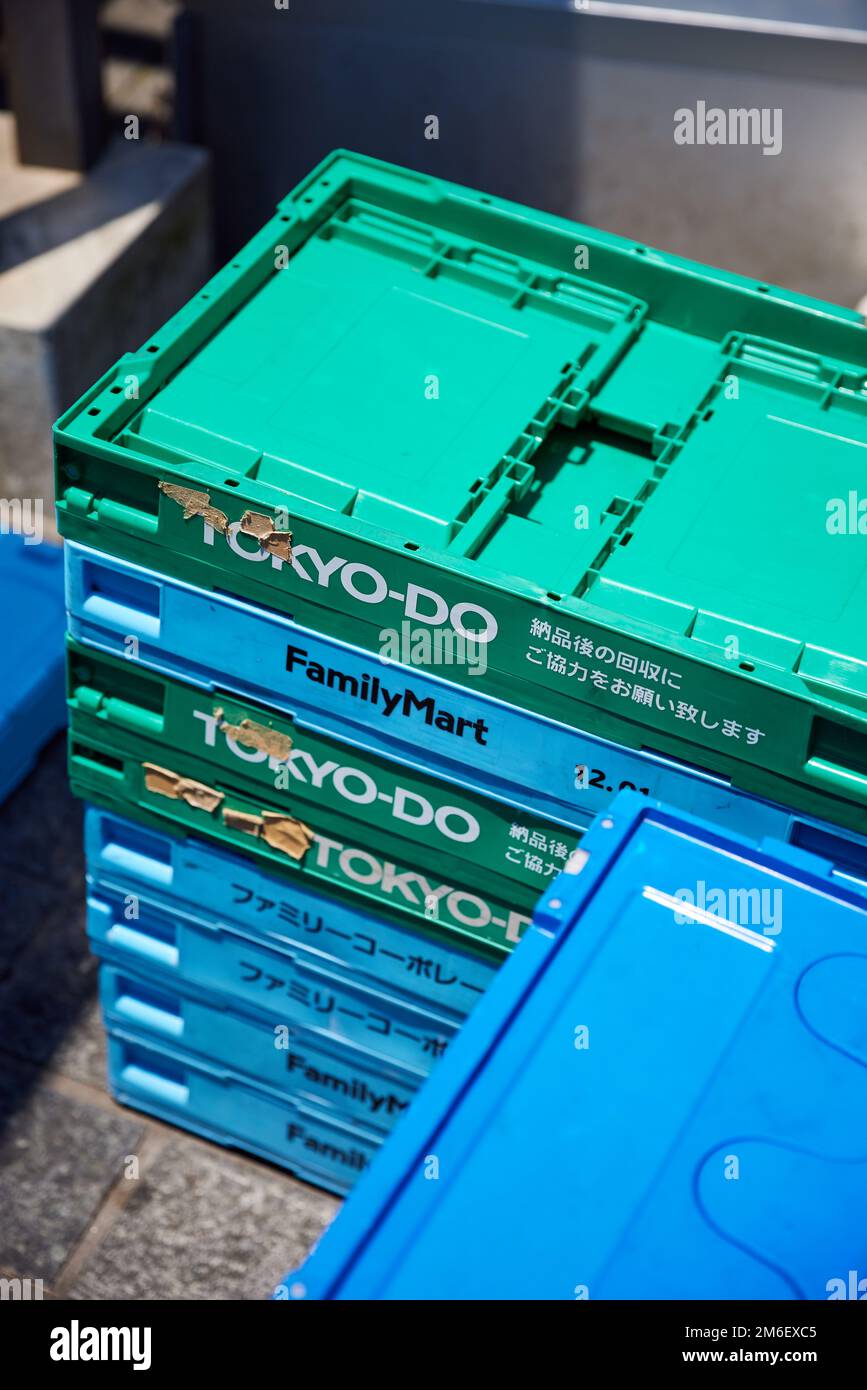 Tokyo-Do, FamilyMart plastic crates, stacked; Japan Stock Photo - Alamy