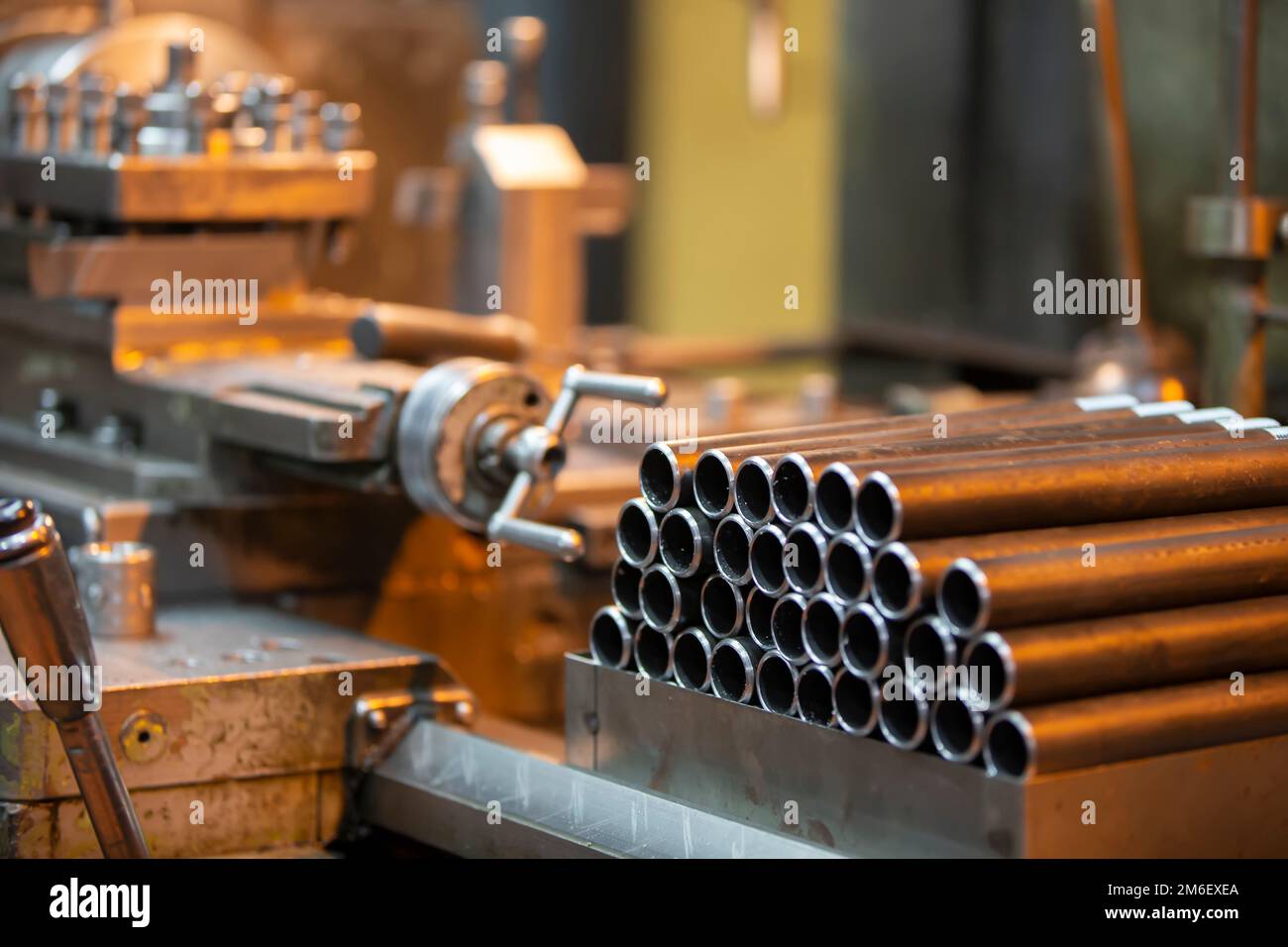Metal pipes in the workshop of a metallurgical plant or a metal working ...