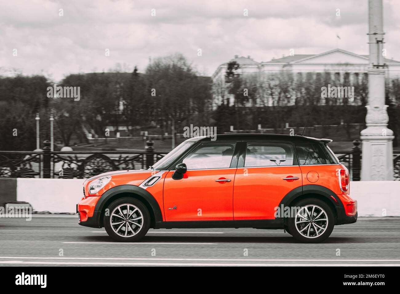 Minsk, Belarus. Orange Color Mini Cooper All 4 Car In Fast Motion On ...