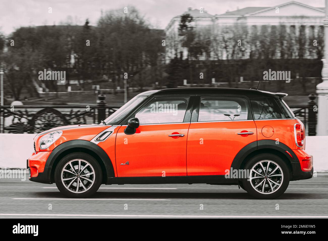 Minsk, Belarus. Orange Color Mini Cooper All 4 Car In Fast Motion On ...