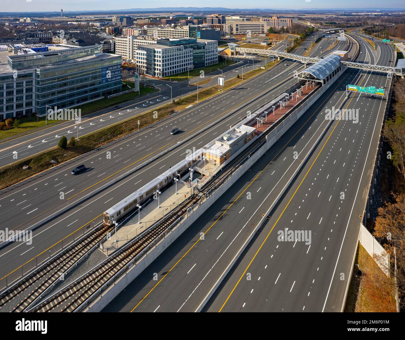 Aerial view of Silver Line metro station and Dulles Airport in the US ...