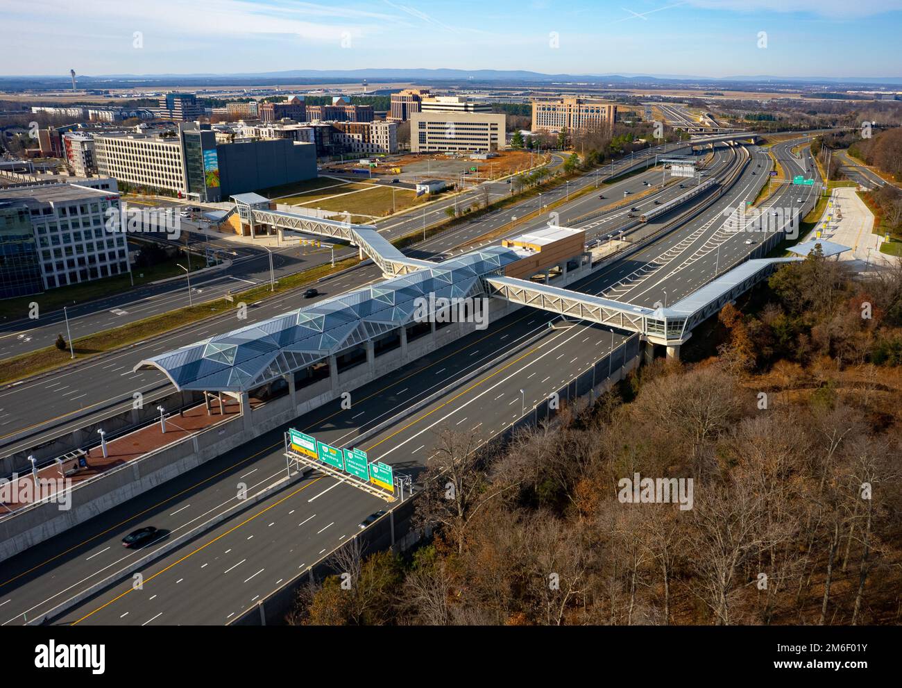Aerial view of Silver Line metro station and Dulles Airport in US Stock ...