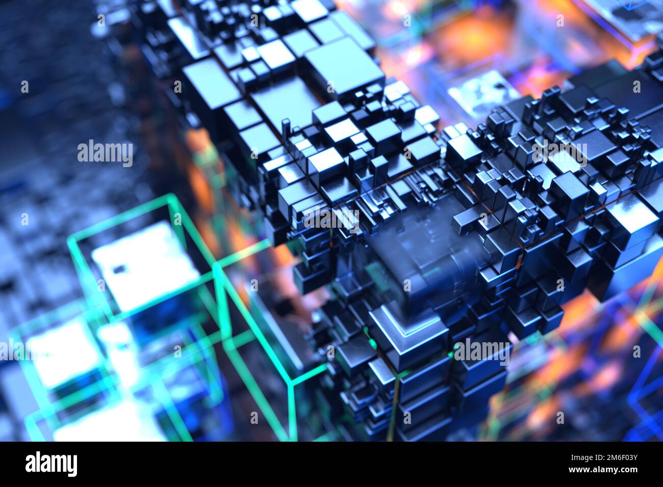 Quantum Computing. Concept of a quantum computer. Abstract technological background from blocks ...