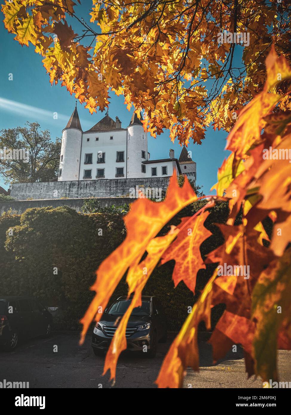 A vertical shot of the Chateau de Nyon castle in Nyon, Switzerland ...
