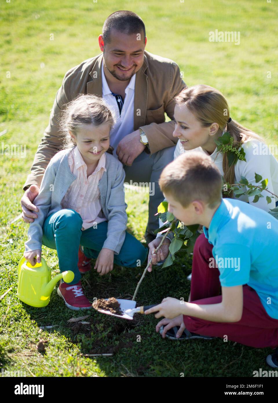 Family parents and children planting tree sapling in summer park Stock ...