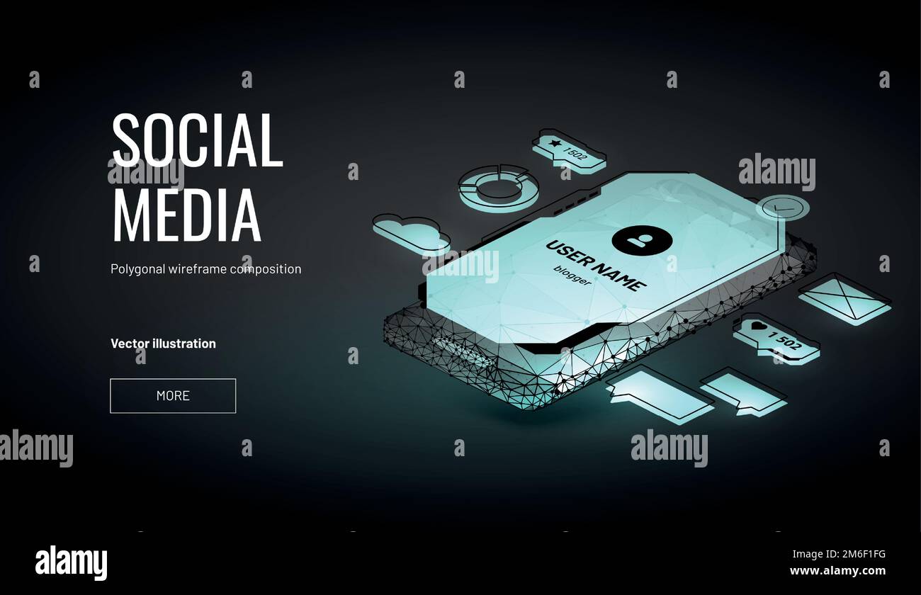Account in social media. Isometric Low poly wireframe style.Pop-ups ...