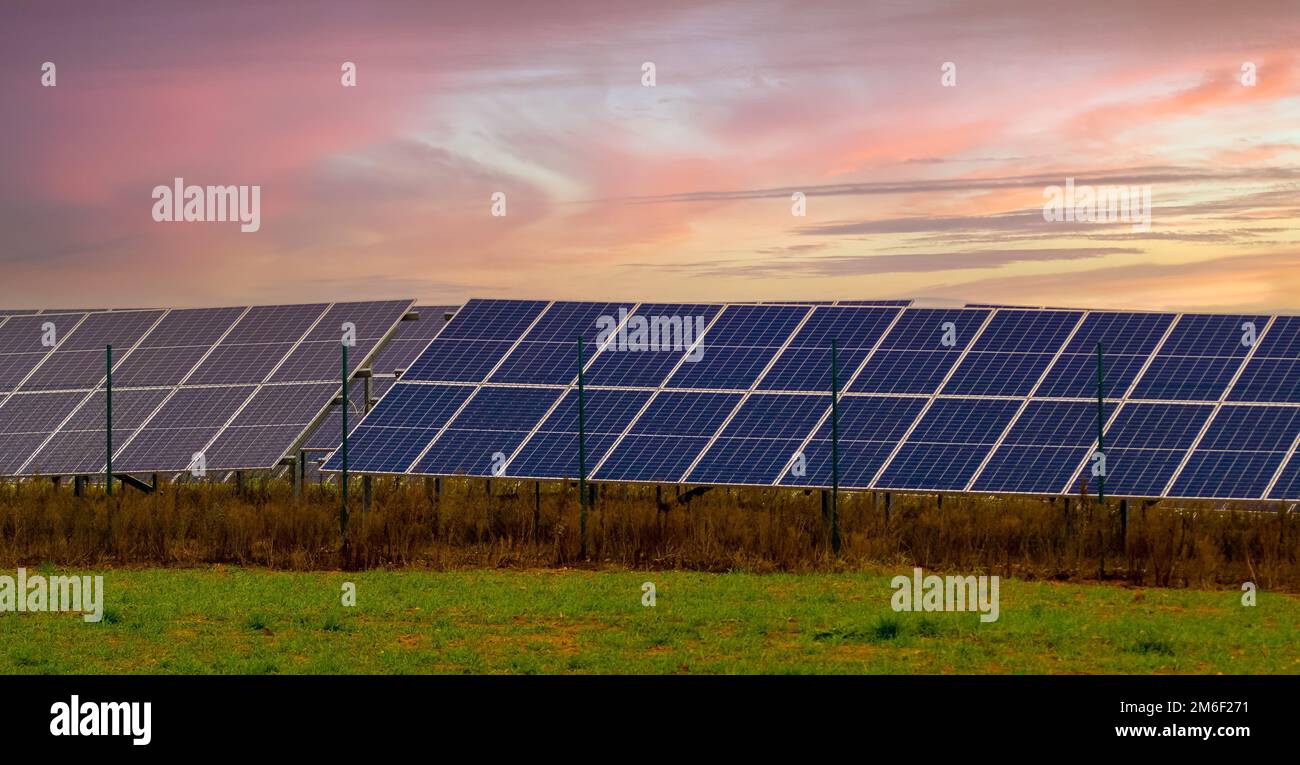 The solar panels in the field at sunset. Concept of sustainable ...