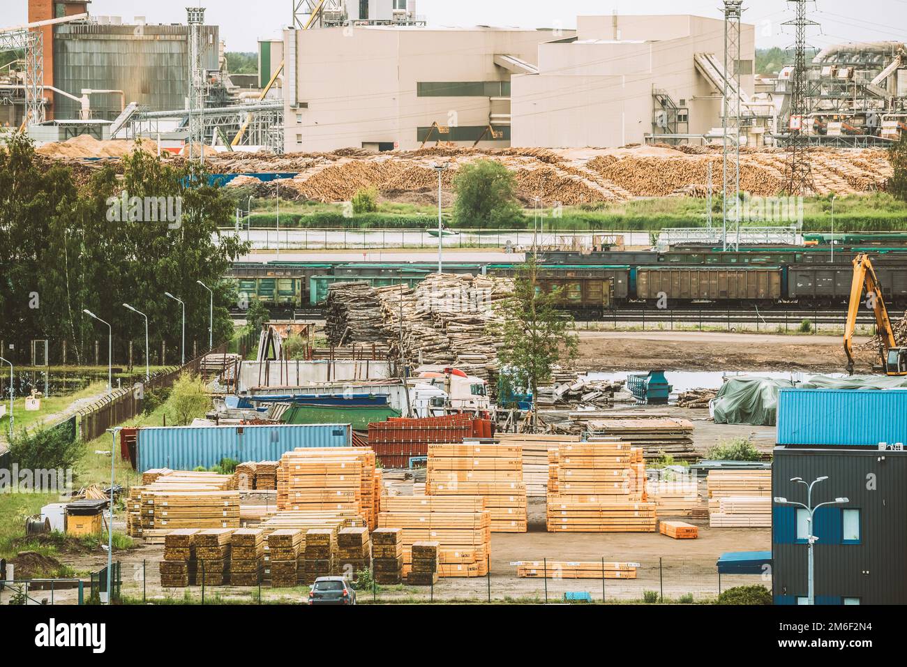 Aerial View On Woodworking Plant. Wood Stacks Waiting For Processing ...