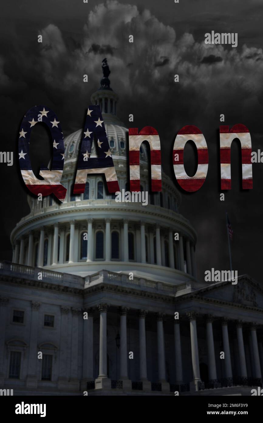 The US Capitol in Washington DC with dark storm clouds and QAnon text ...