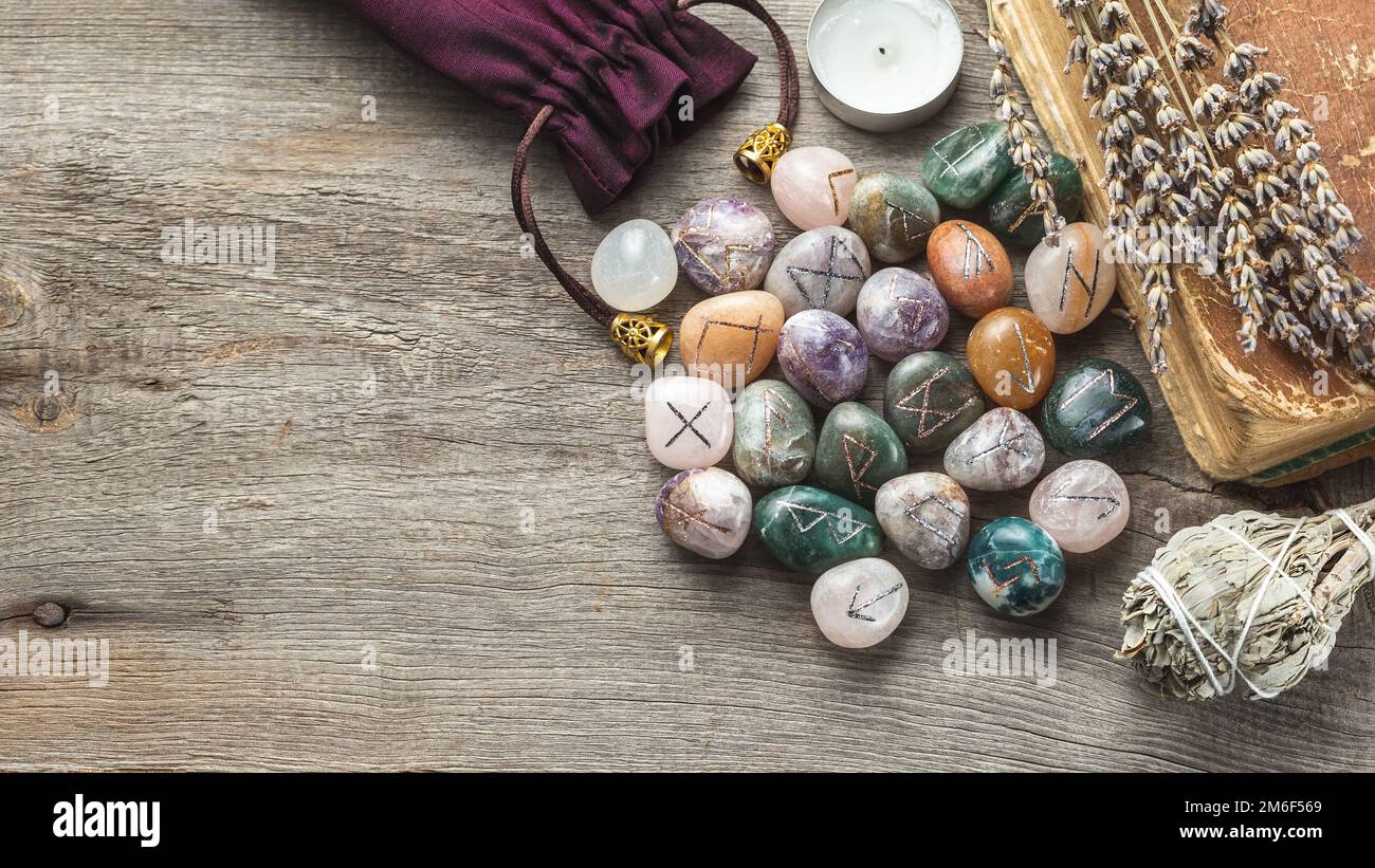 Elder Futhark Rune Stones Set Made of Natural Gemstones with Old Book ...