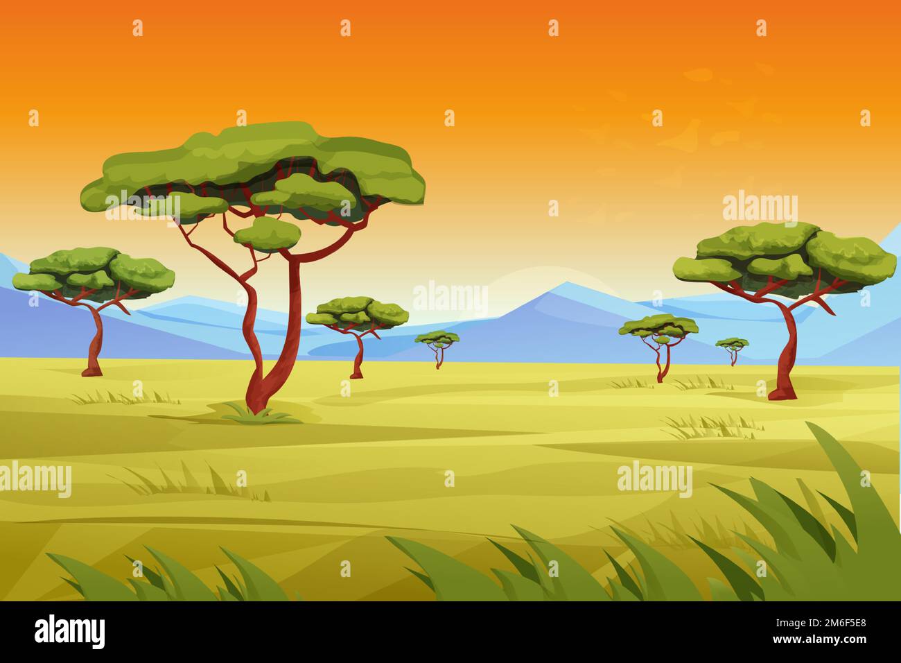 Africa Savannah landscape, safari with grass, trees, mountains, summer ...