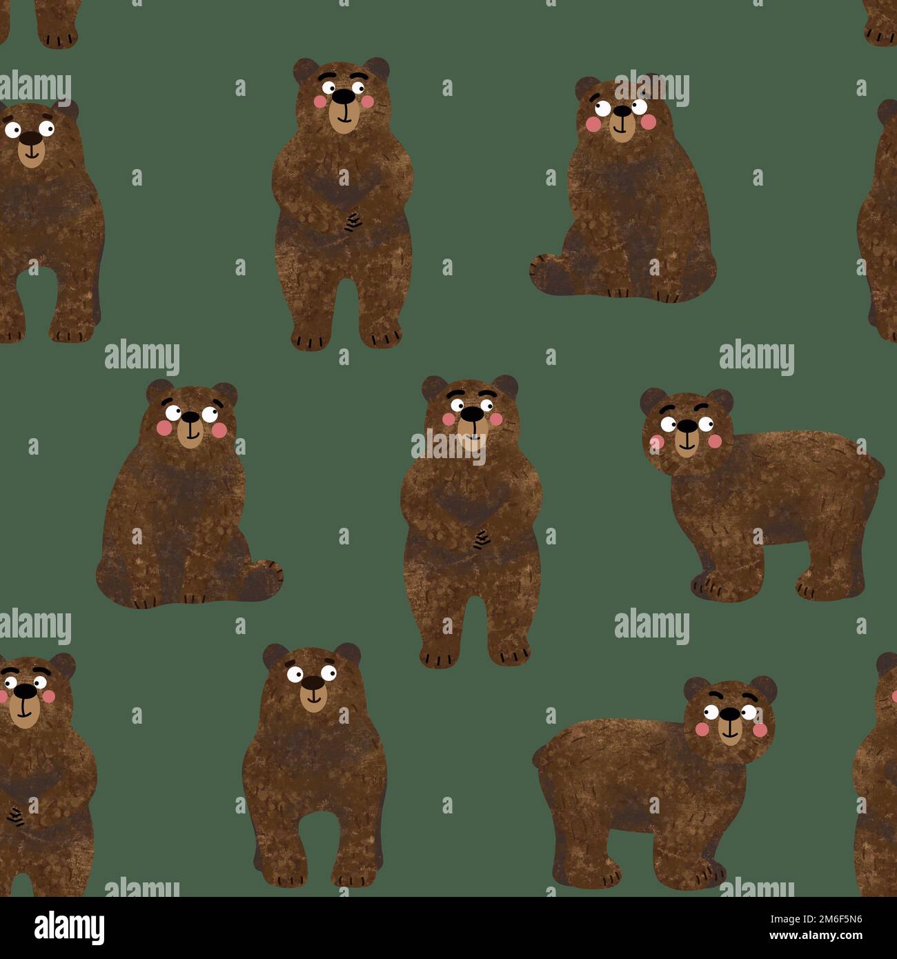 Seamless pattern with cute textured teddy bears. Set of brown funny ...
