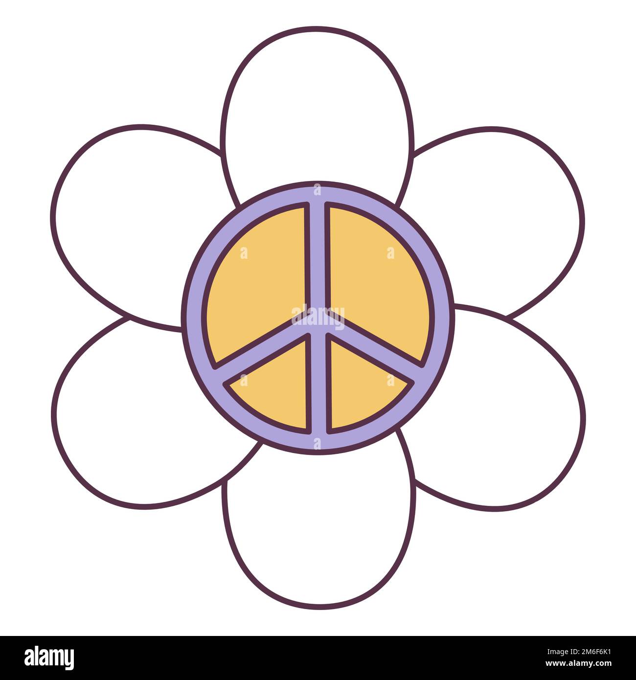 Retro 70s Groovy Hippie sticker daisy peace symbol. Psychedelic cartoon element -funky ...