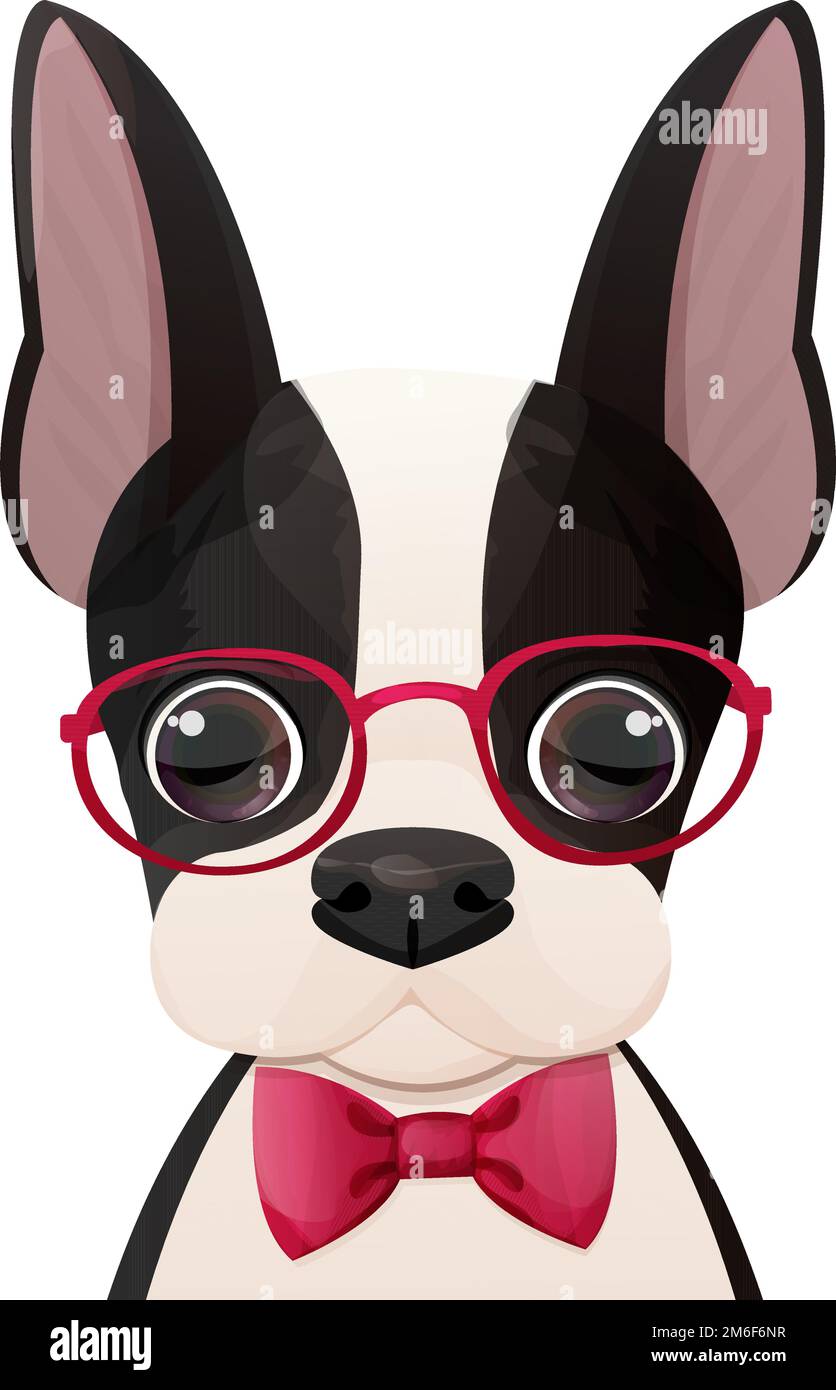 Boston terrier cool puppy with glasses and bow portrait in cartoon ...