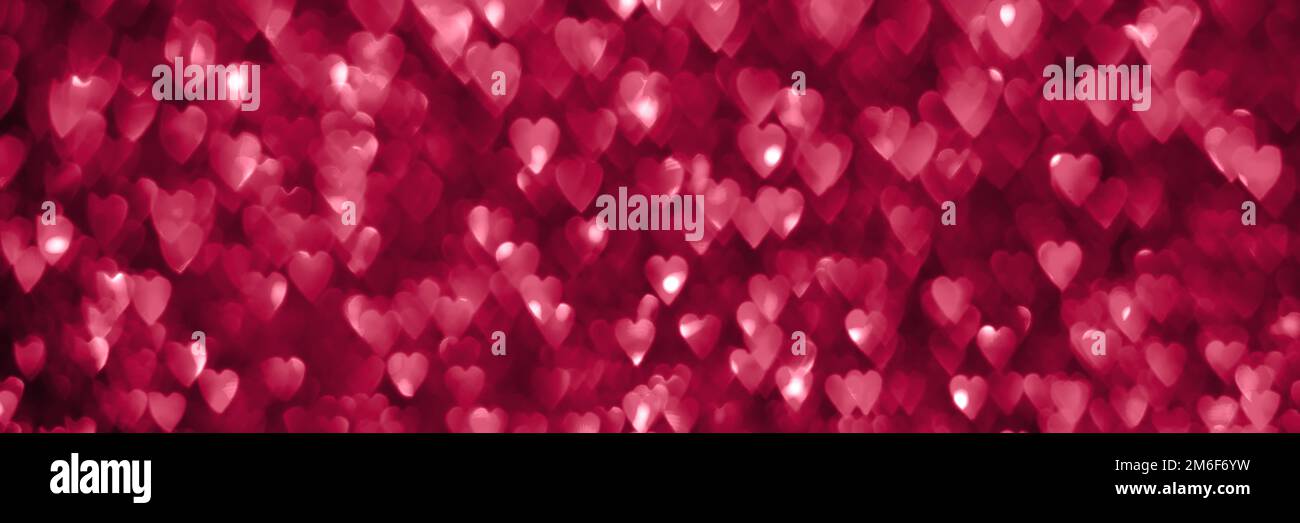 Trendy viva magenta, pink red hearts, sparkling glitter bokeh panoramic ...