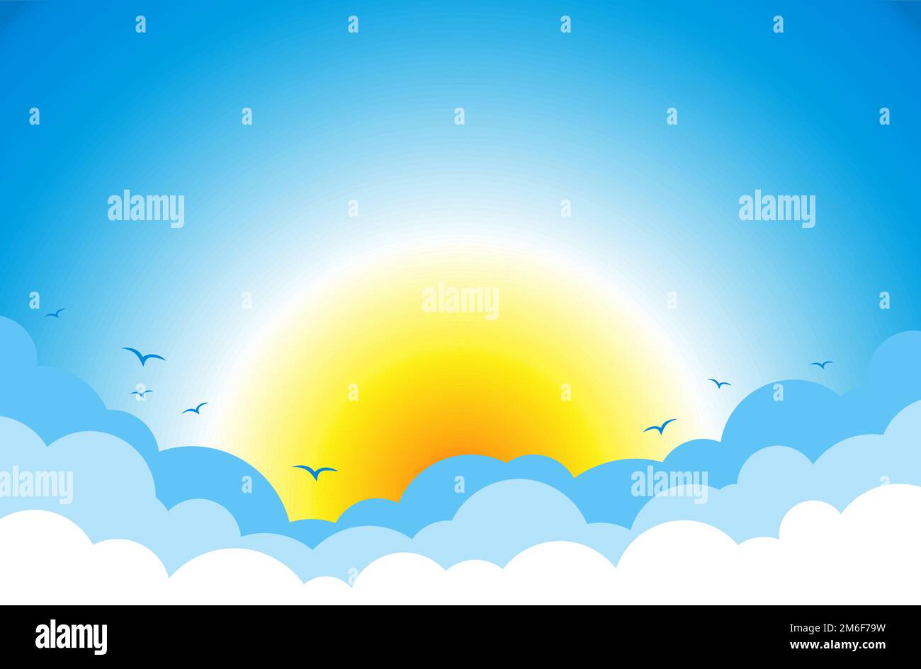 Blue sky with clouds and rising or down yellow sun. Vector background ...