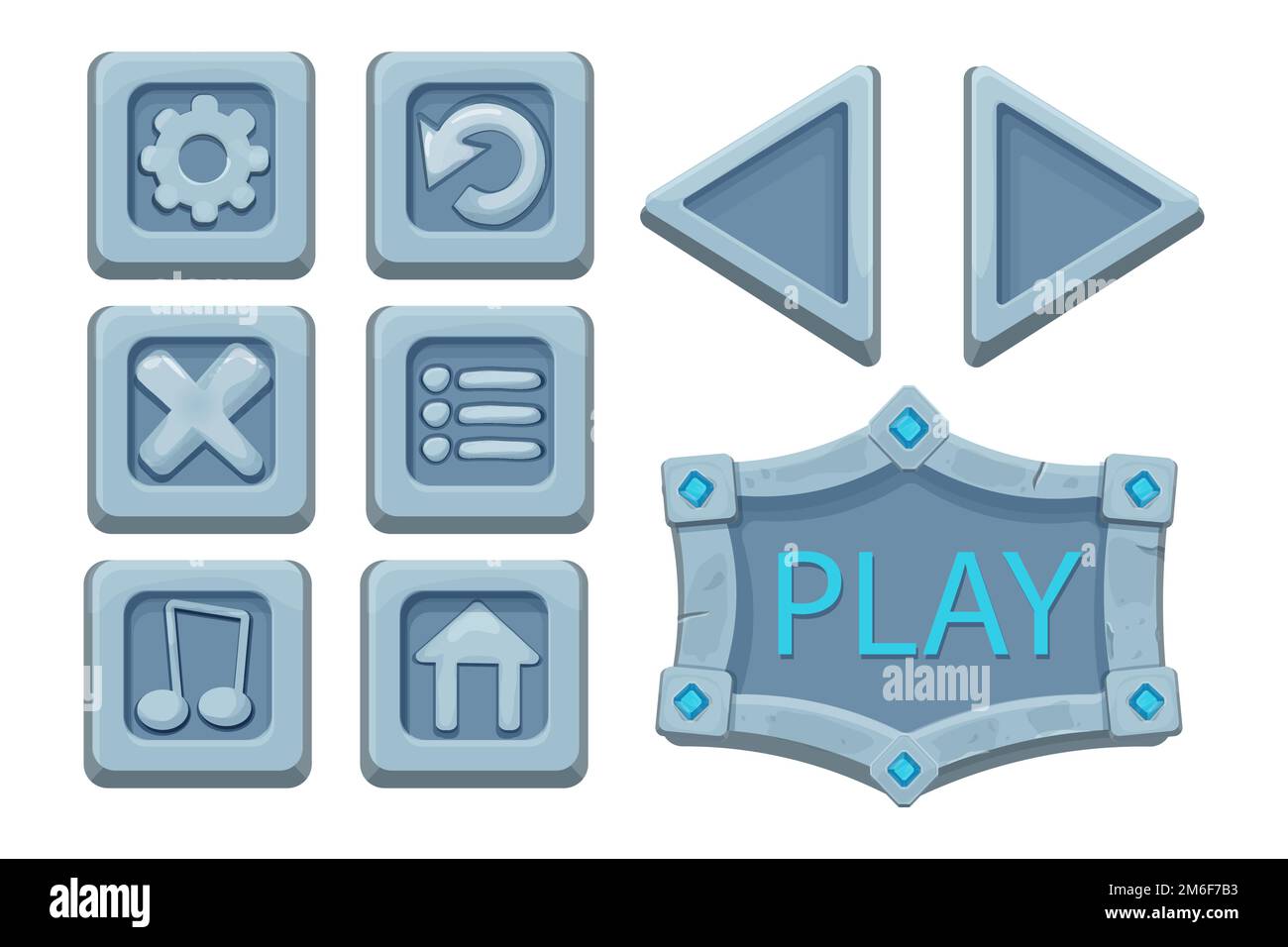 Set menu ui buttons on stone block in comic cartoon style, game design ...