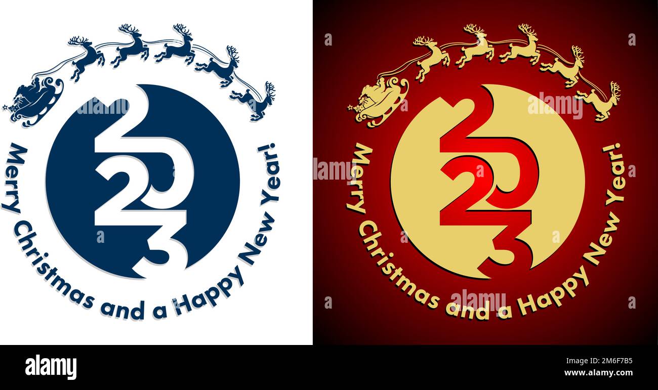 Silhouette of Santa Claus in sleigh with reindeer above 2023 number ...