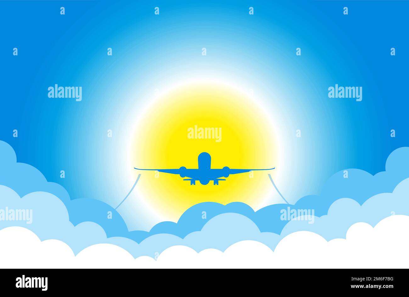 White plane in blue sky flies above clouds towards hot sun. Vector ...