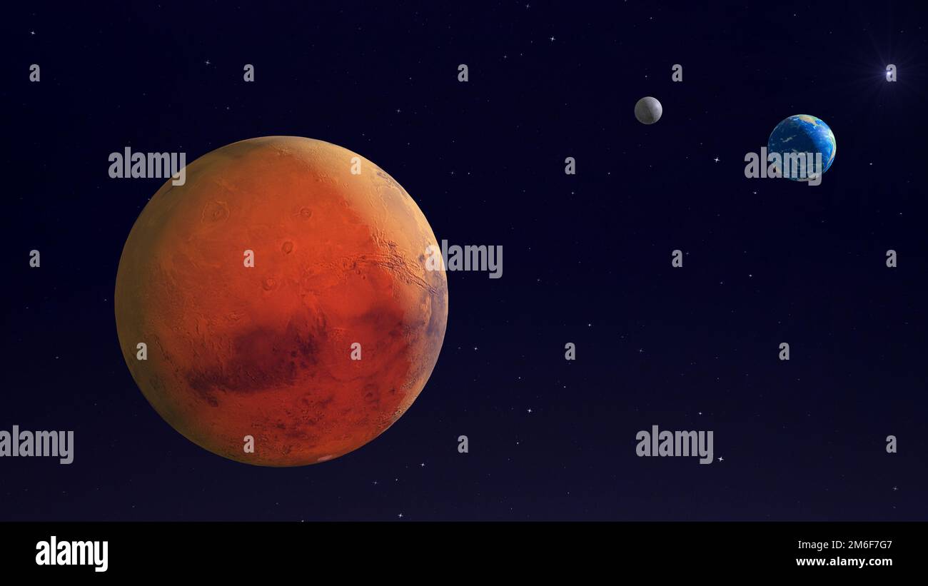 Mars, Earth and the Moon in space - 3d render - elements of this image ...