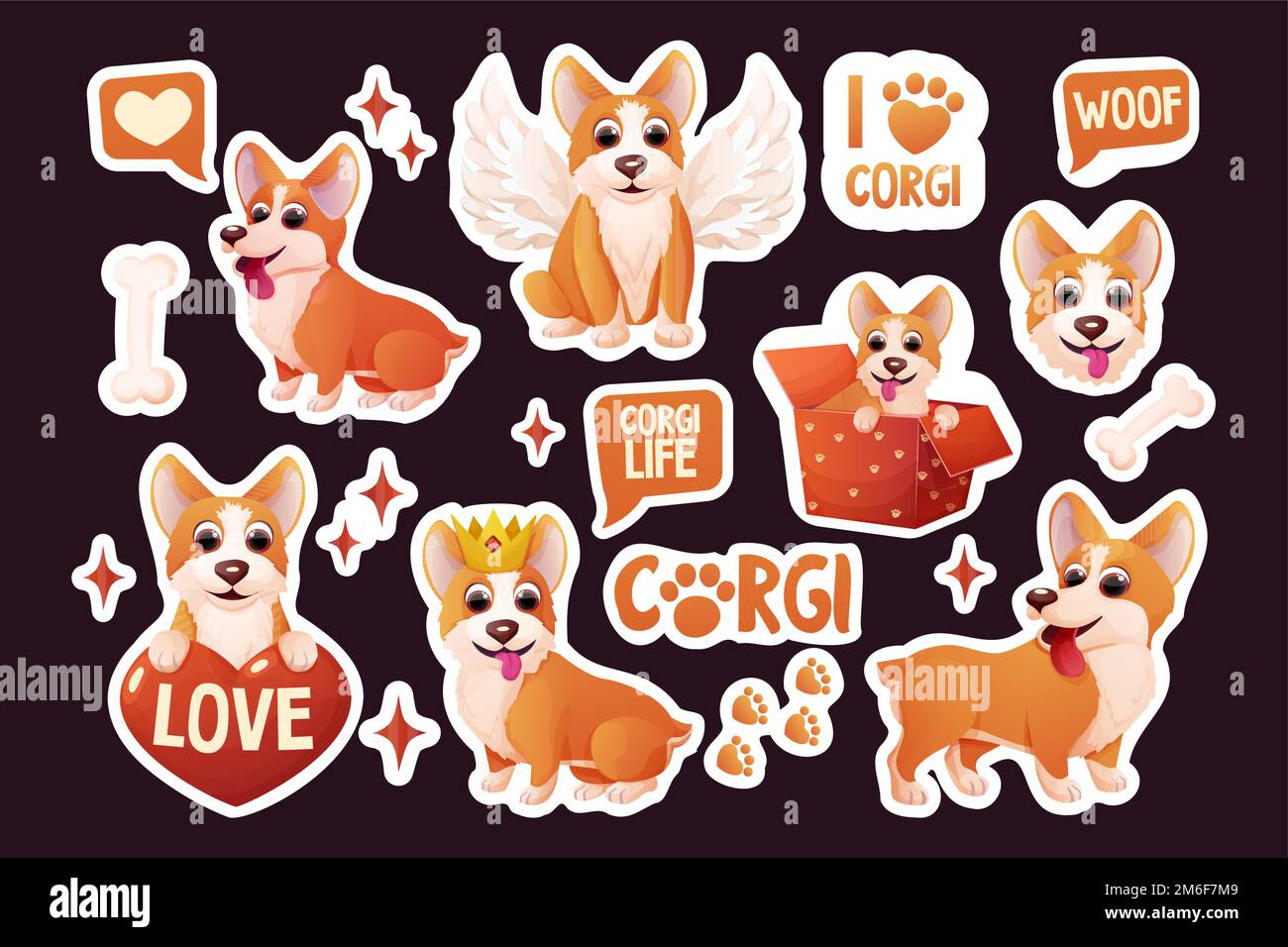 Set corgi dog stickers with crown, wings, sitting, adorable pet ...