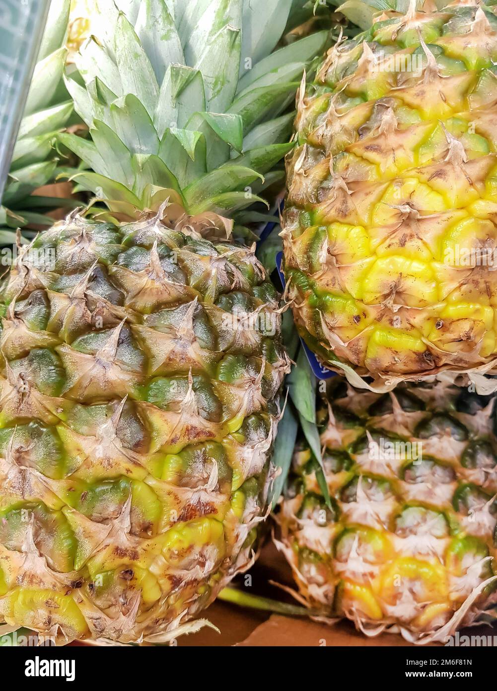 Vertical frame, close-up of pineapples, top view, lots of pineapple ...