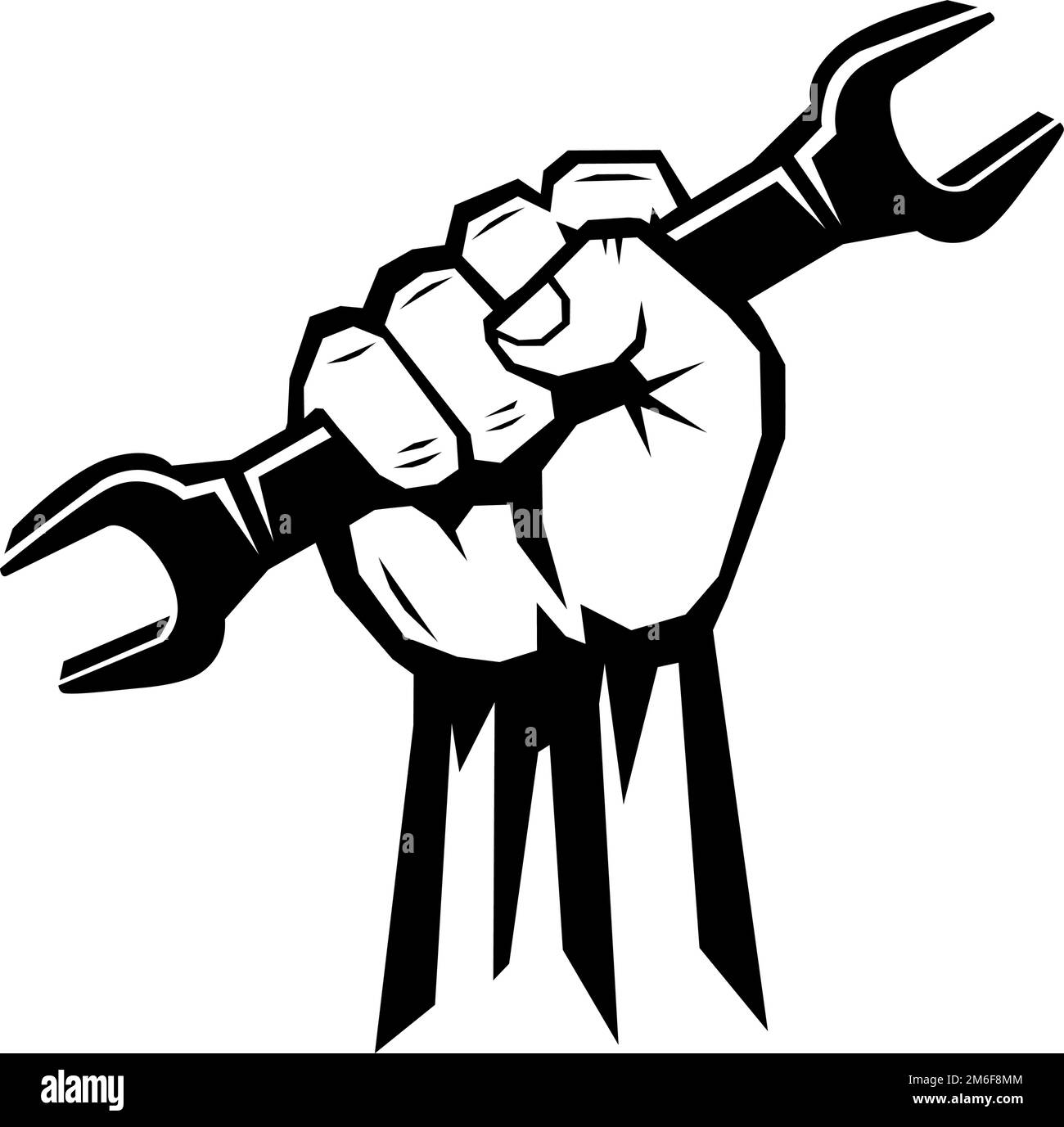 Raised Hand of Worker with wrench. Symbol of heavy mechanical work ...