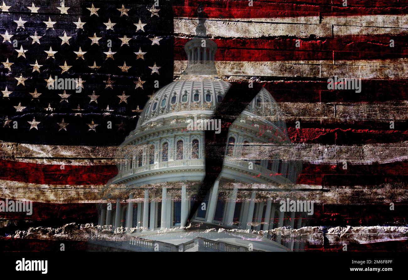 THe US Capitol dome in Washington DC with a crack down the middle over ...